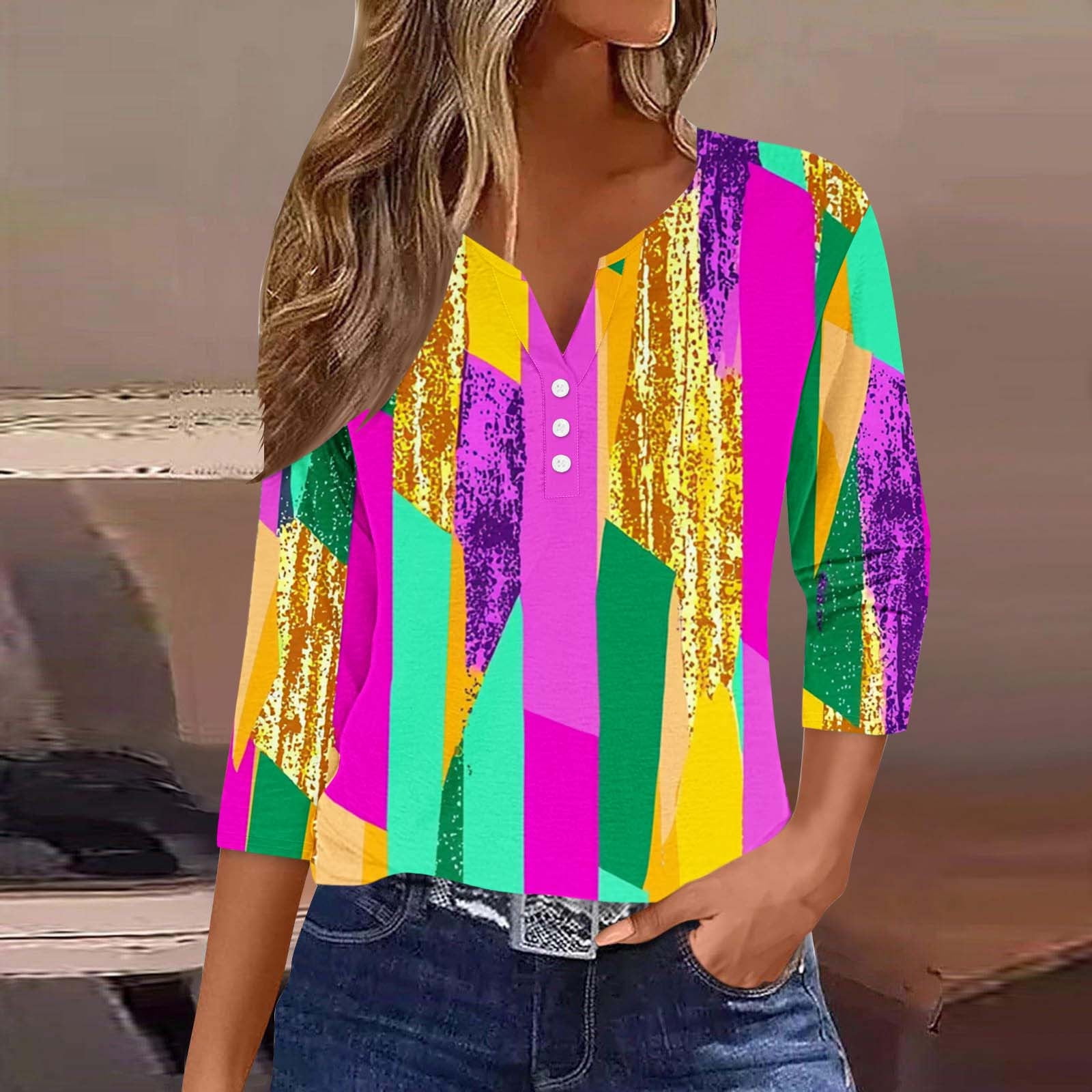 Cadancy Mardi Gras Tops for Women Button V Neck Henley 3/4 Sleeve Rave ...