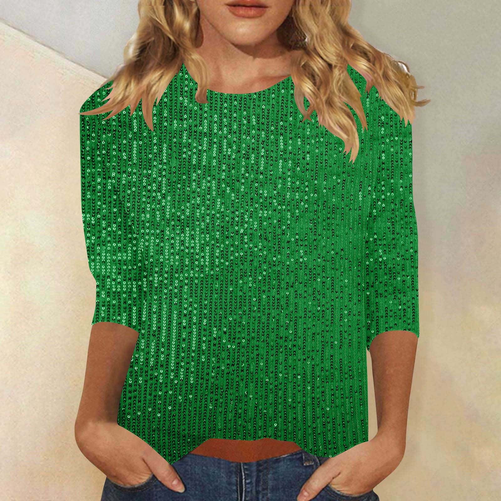 Cadancy Party Tops for Women Glitter Sequin 3/4 Sleeve Shirts Crewneck ...