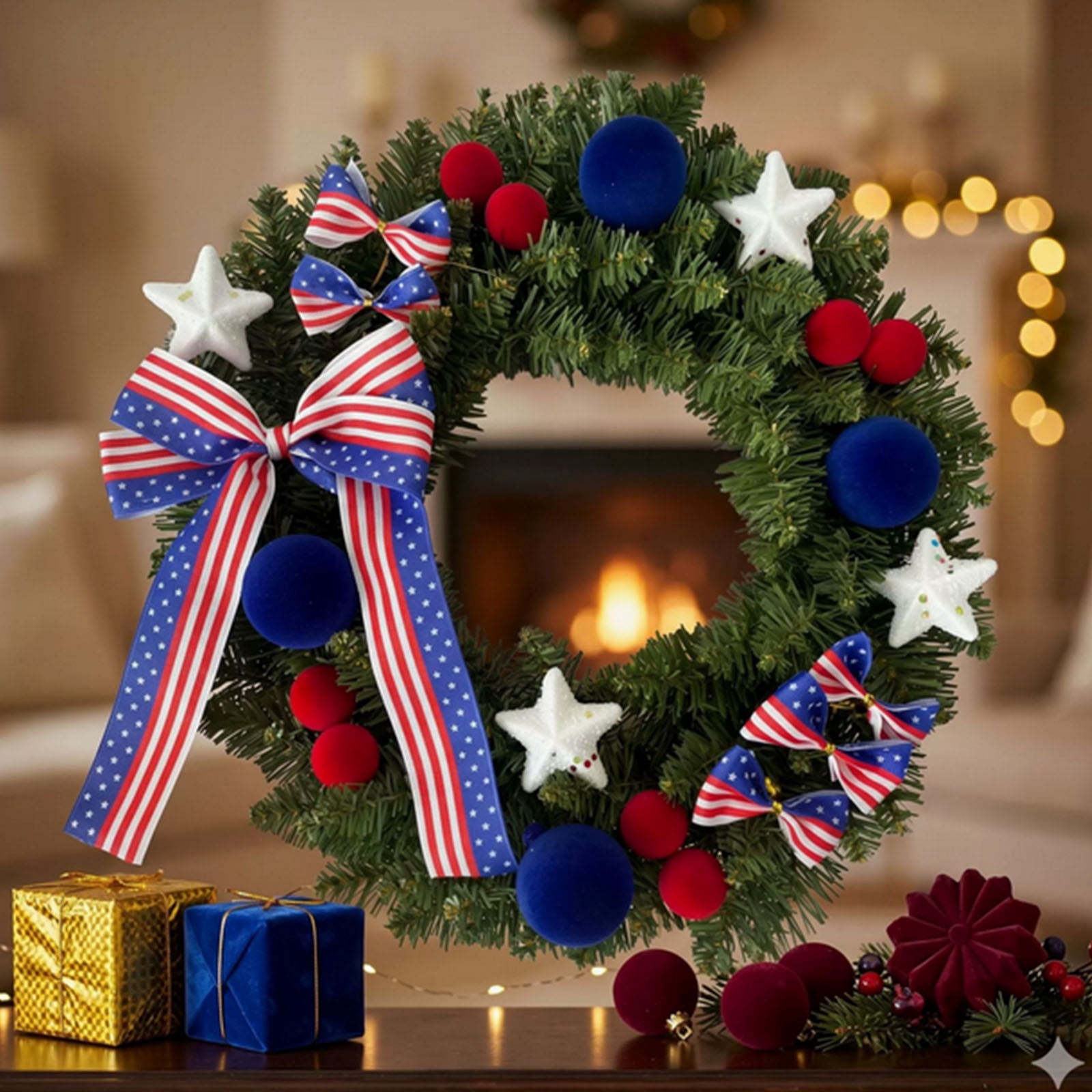 Cadancy Patriotic Wreath with Ball Star Ribbon Bow Decor Independence ...