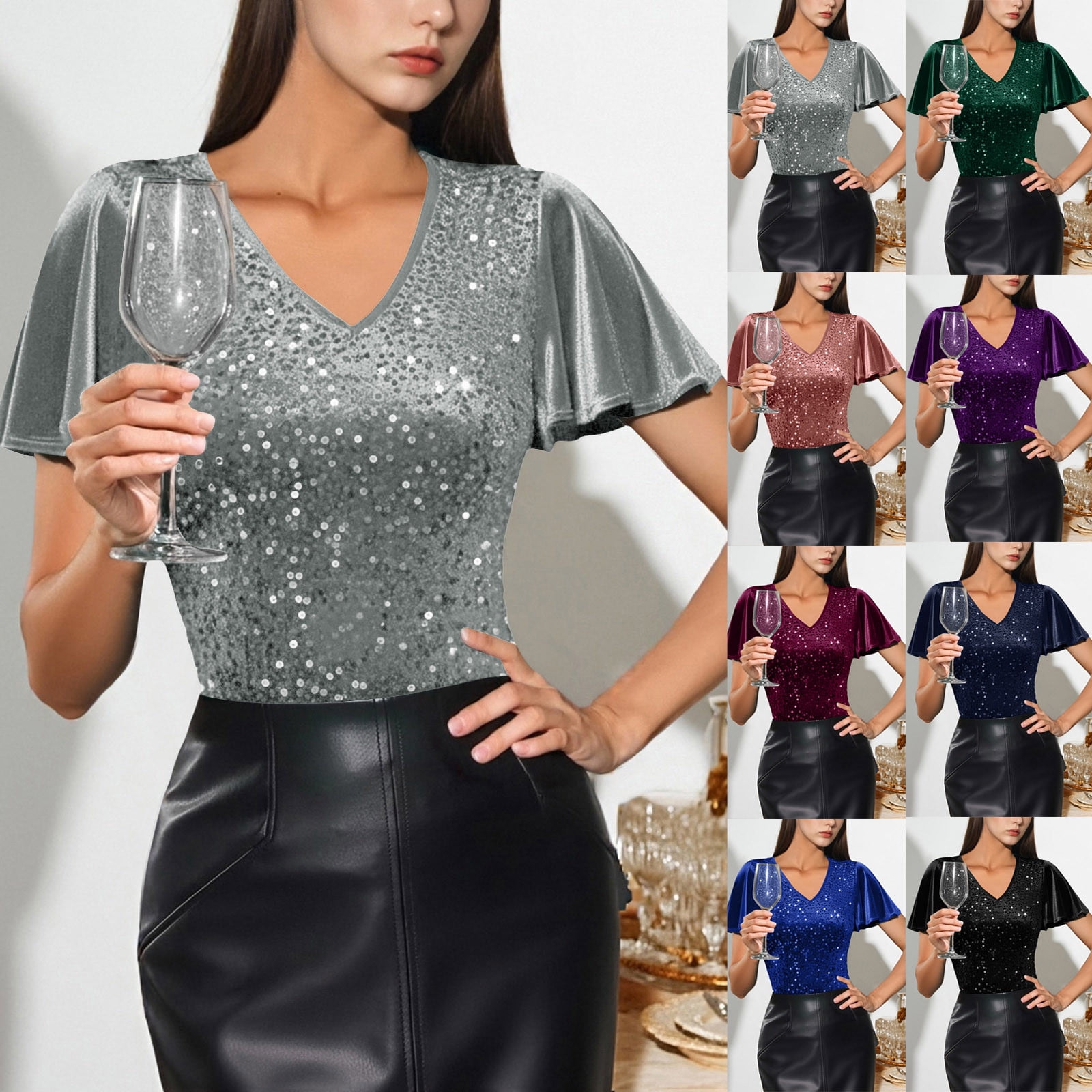 Cadancy Sequin Tops for Women Glitter V Neck Ruffle Short Sleeve Tunic ...