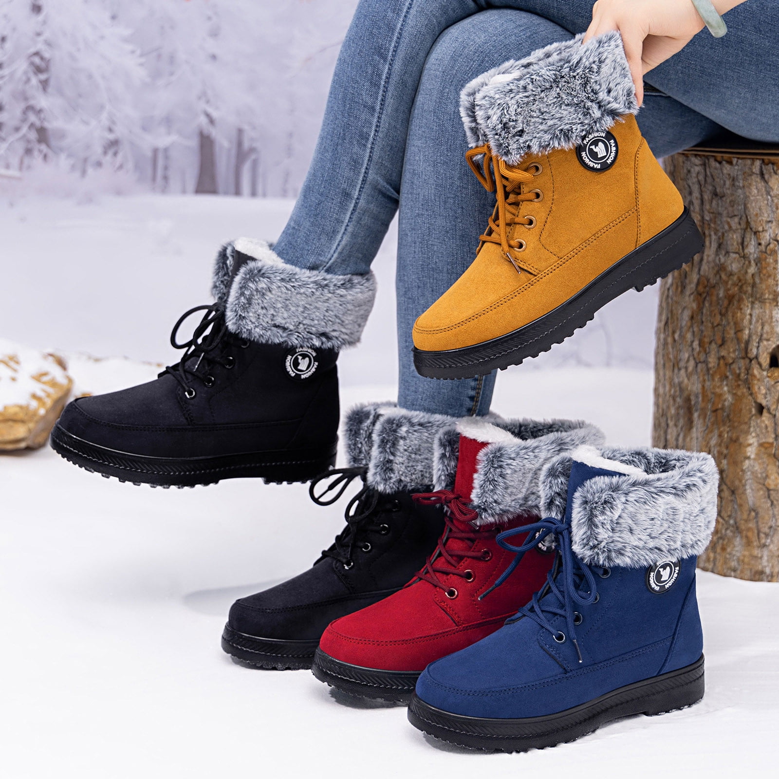 Cadancy Snow Boots for Women Furry Lining Lace Up Non Slip Ankle ...