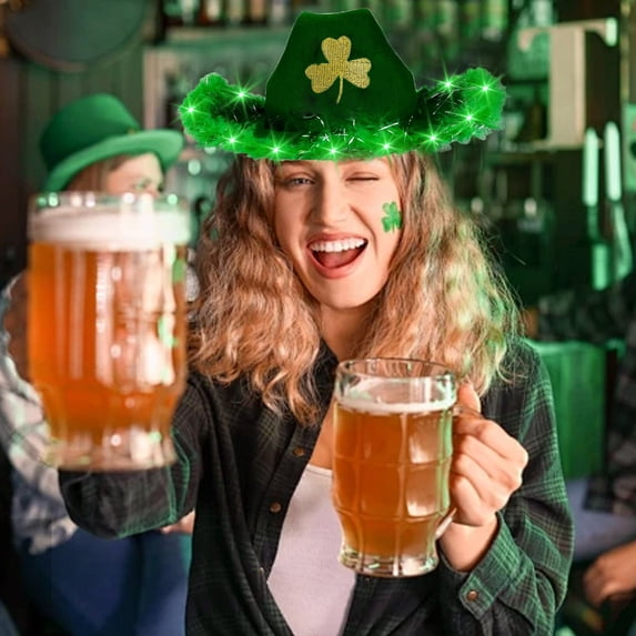 Cadancy St. Patrick's Day Glowing Green Cowboy Hat Shamrock Fuzzy Trim ...