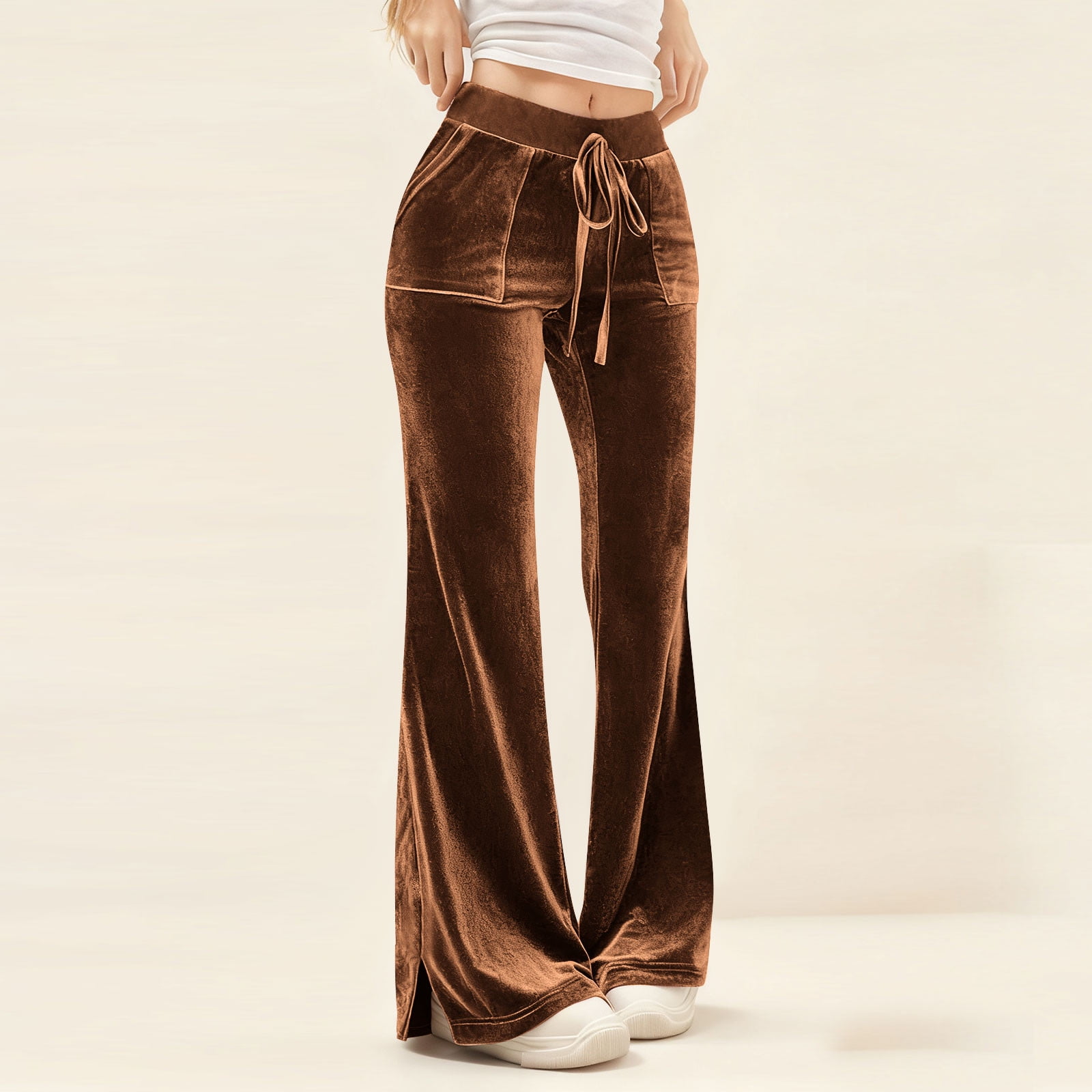 Cadancy Velvet Pants for Women with Pockets Drawstring High Waisted ...