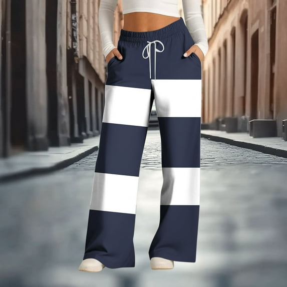 Cadancy Wide Leg Sweatpants Women Color Block Striped Trendy Baggy Pants Drawstring Waisted ...