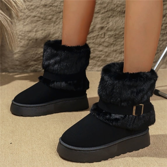 Cadancy Winter Boots for Women Suede Round Toe Thick Sole Fluffy Furry ...