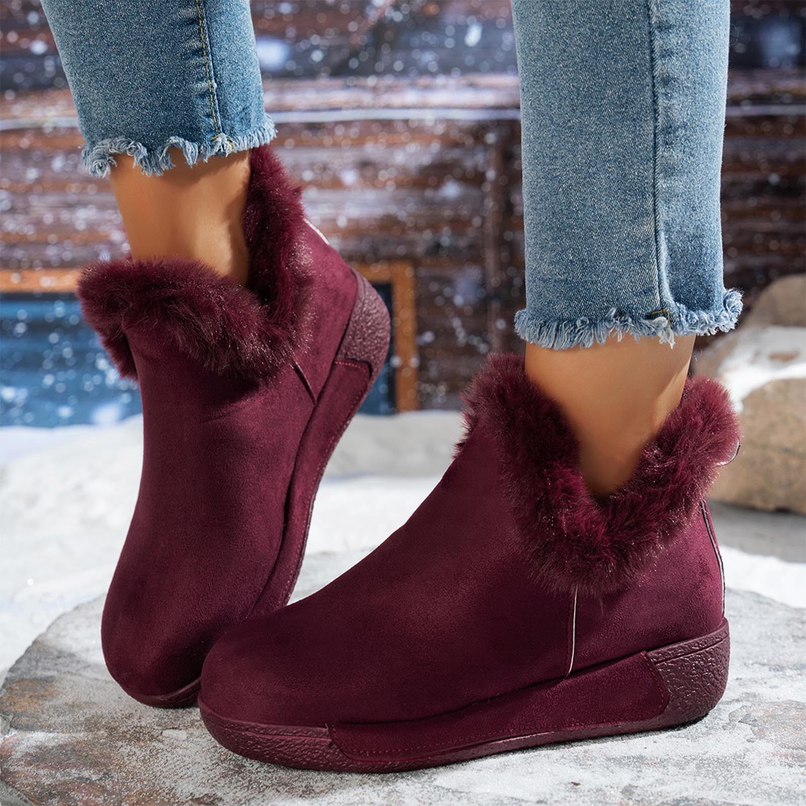 Cadancy Women's Snow Boots Furry Fluffy Suede Slip-On Wedge Sole Comfy ...