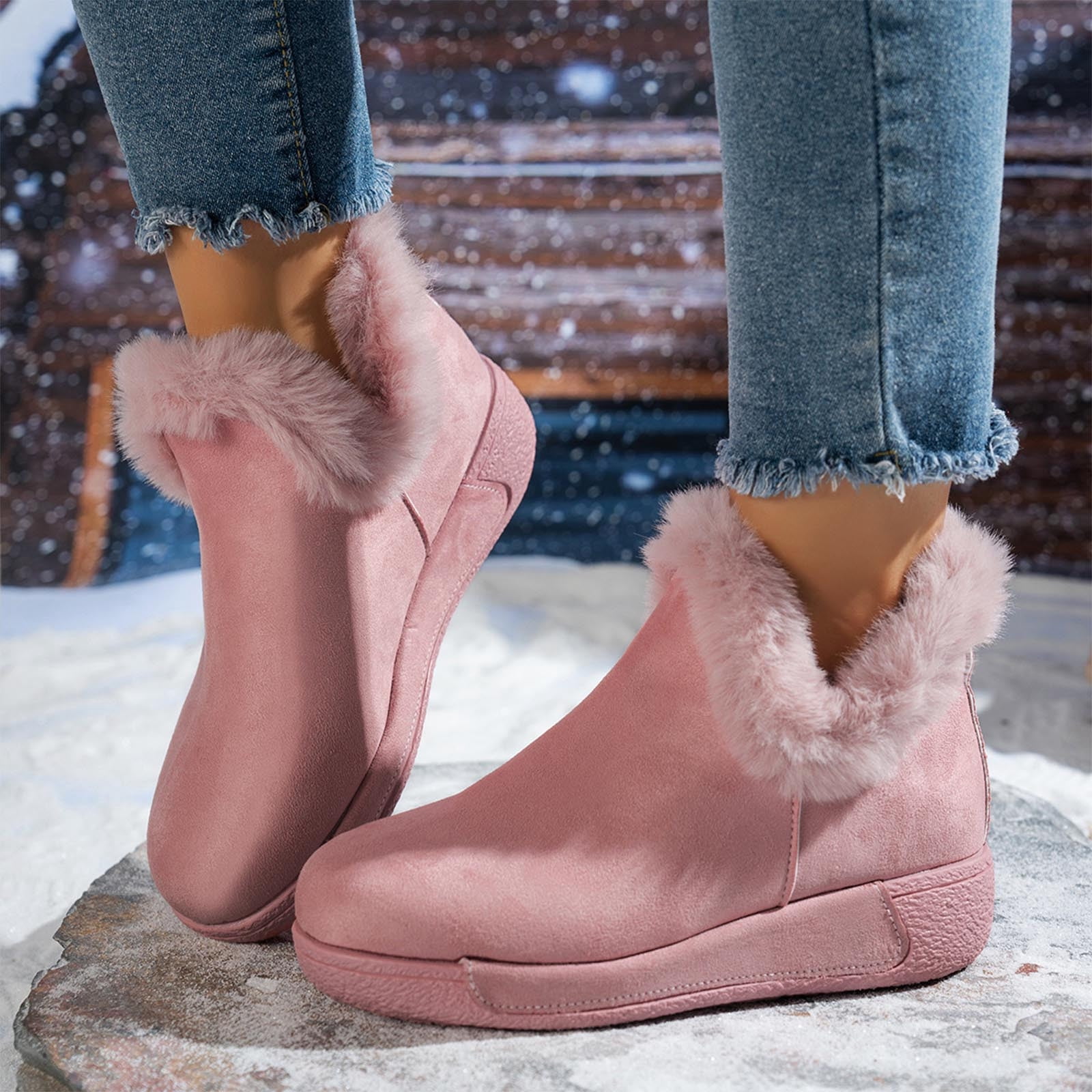 Cadancy Women's Snow Boots Furry Fluffy Suede Slip-On Wedge Sole Comfy ...