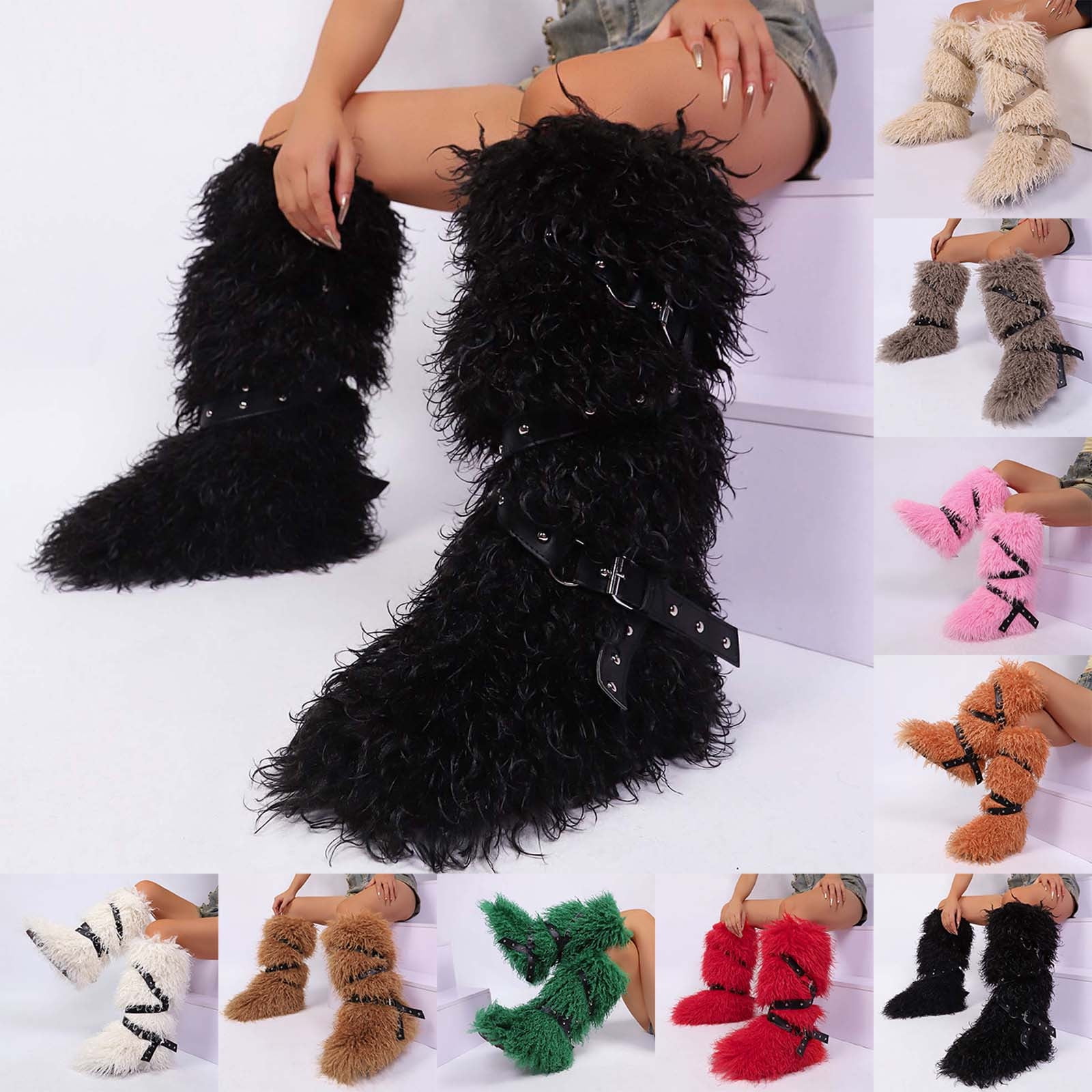 Cadancy Womens Fuzzy Boots Knee High Fluffy Thick Sole Round Toe y2k ...