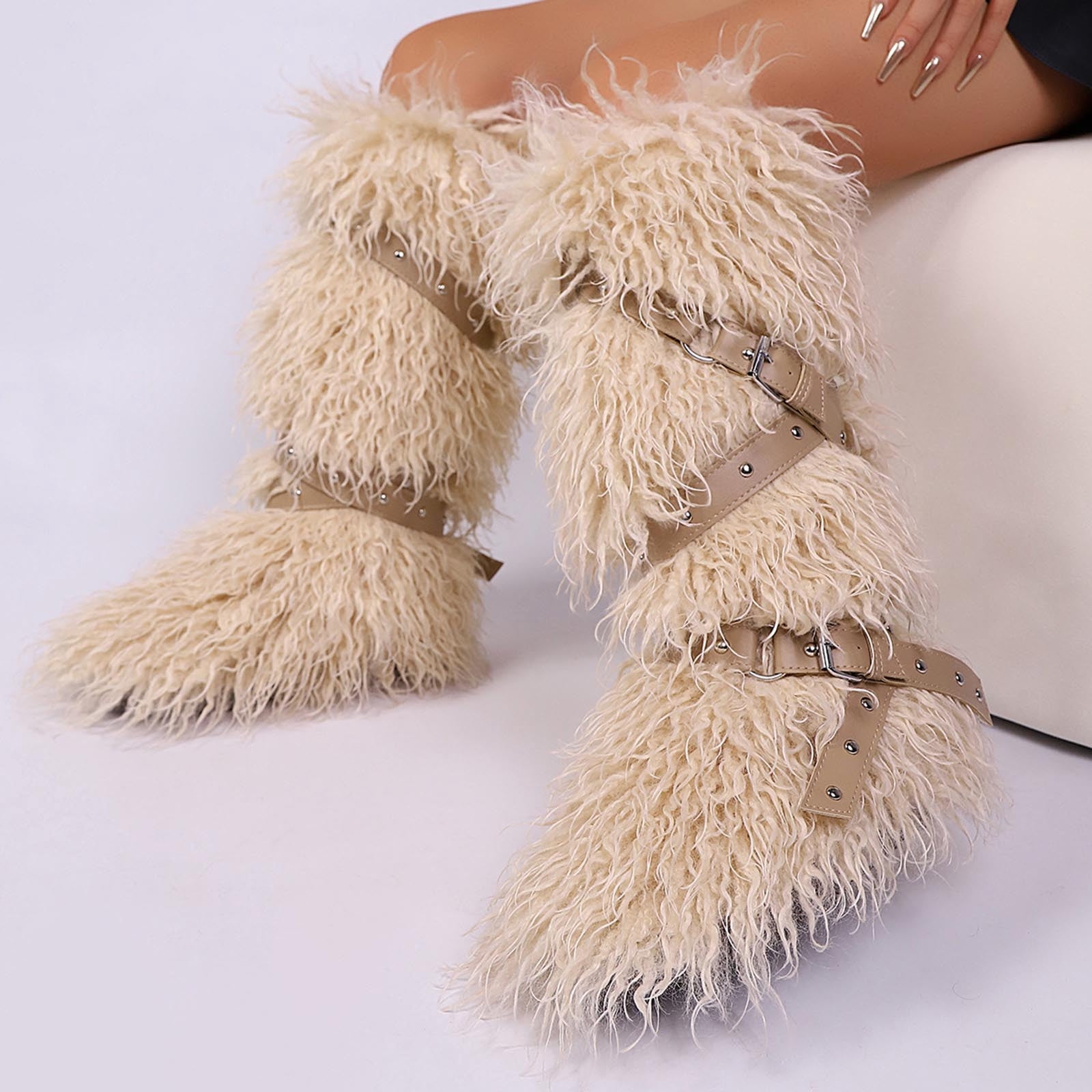 Cadancy Womens Fuzzy Boots Knee High Fluffy Thick Sole Round Toe y2k ...