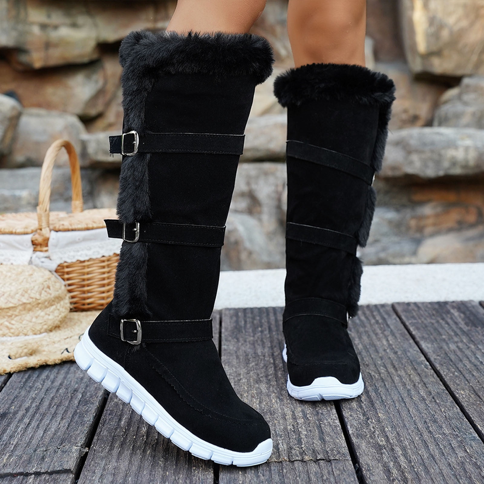 Cadancy Womens Knee High Boots Suede Low Heel Fuzzy Fleece Lining Side ...