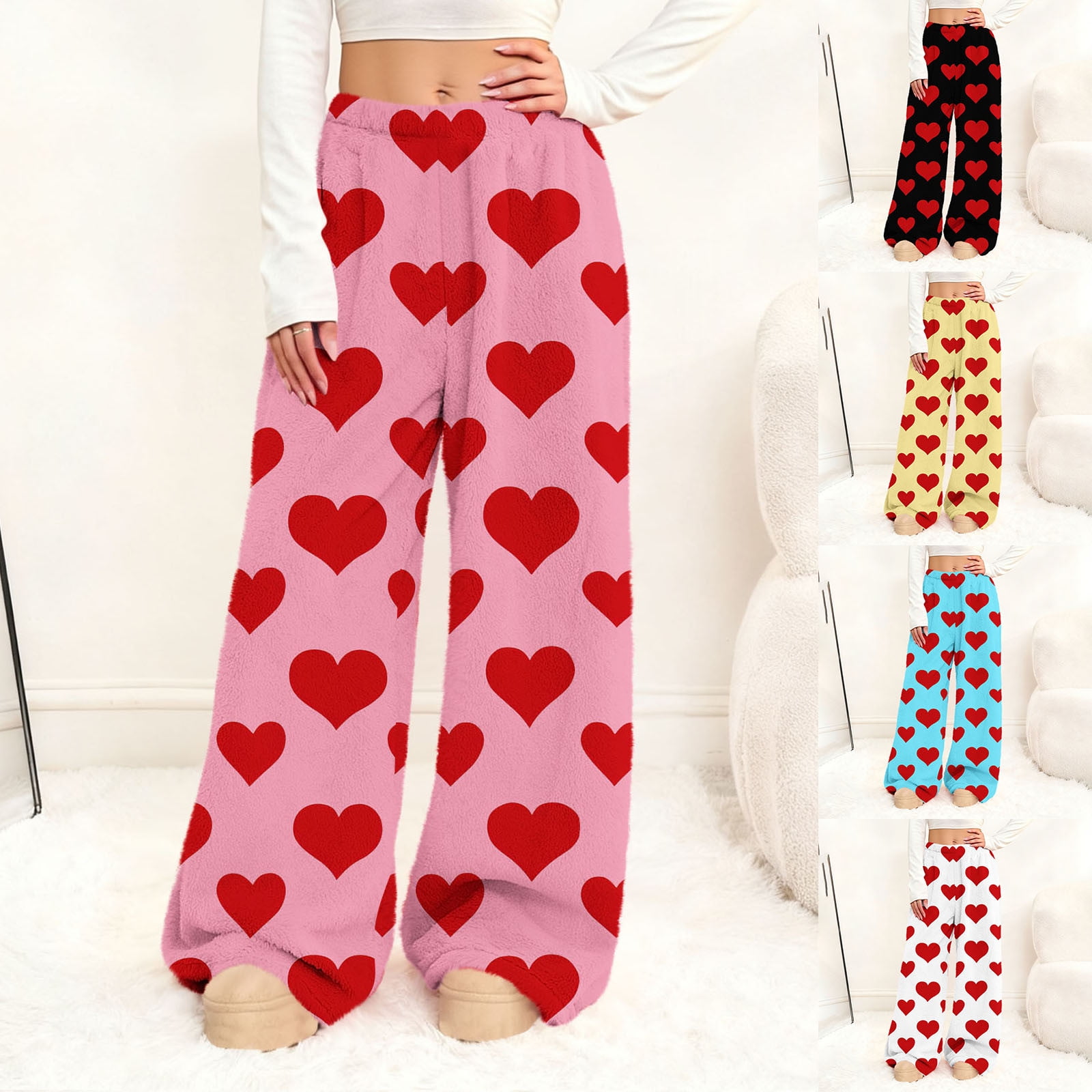 Cadancy Womens Lounge Pants Fleece Wide Leg High Waist Valentines Day ...