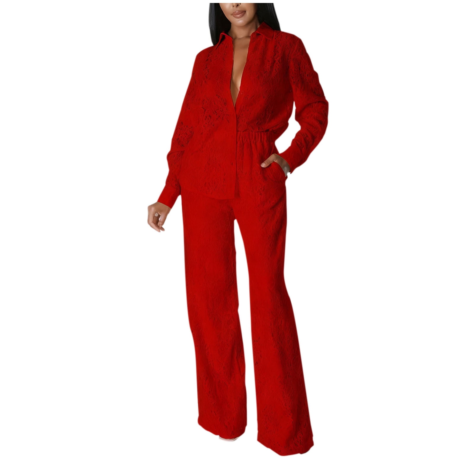 Cadancy Womens Lounge Set Lace Crochet 2 Piece Button Down Long Sleeve ...