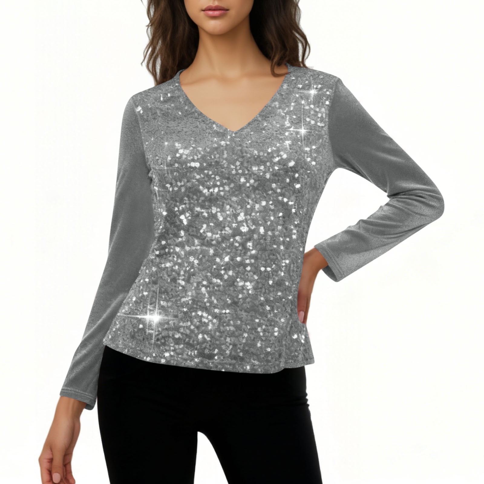 Cadancy Womens Sequin Top Sparkly Velvet V Neck Long Sleeve Shirts ...