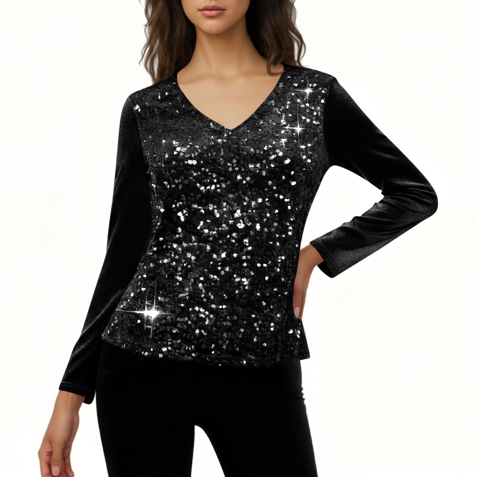 Cadancy Womens Sequin Top Sparkly Velvet V Neck Long Sleeve Shirts ...