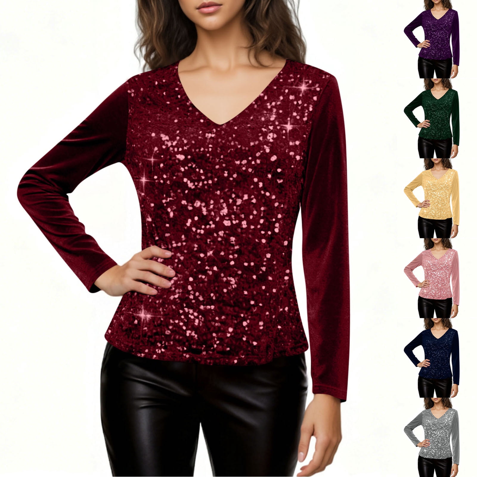 Cadancy Womens Sequin Top Sparkly Velvet V Neck Long Sleeve Shirts ...