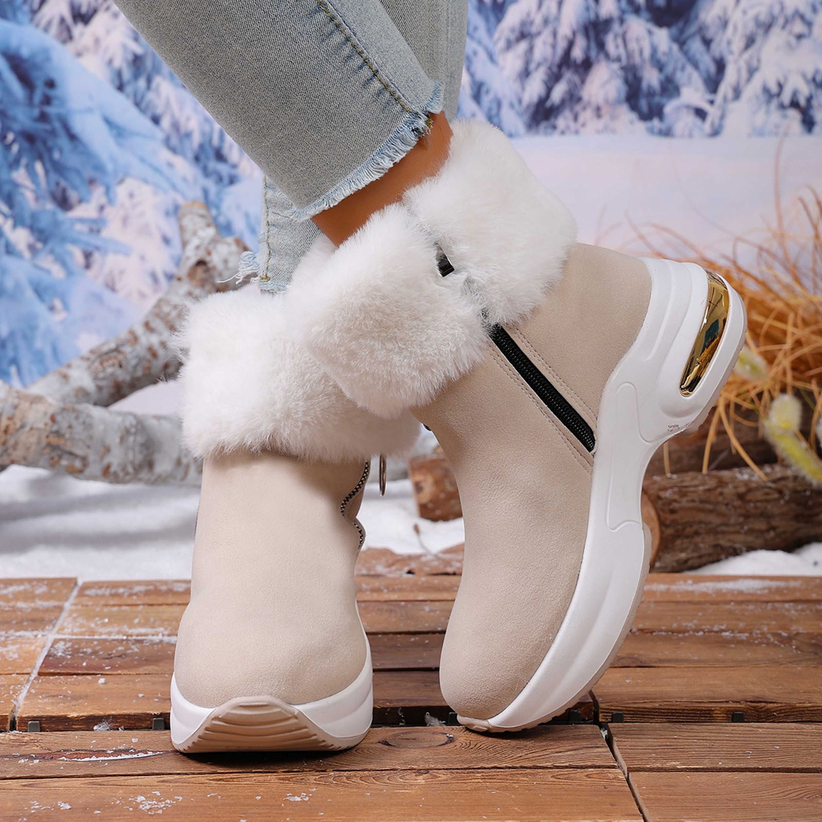 Cadancy Womens Winter Boots Thick Sole Plush Lining Furry Trim Warm ...