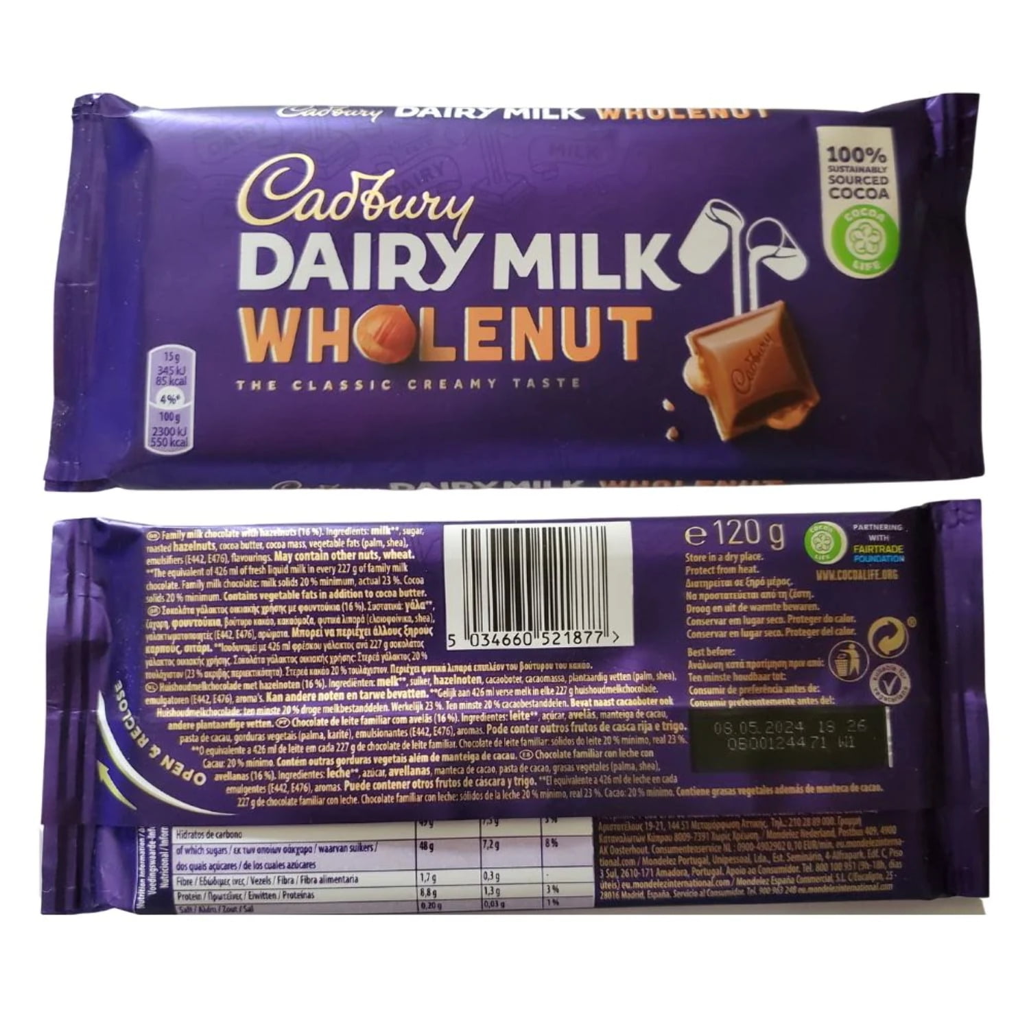 Cadbury Diary Milk Wholenut Chocolate 120g (Pack of 2) - Walmart.com