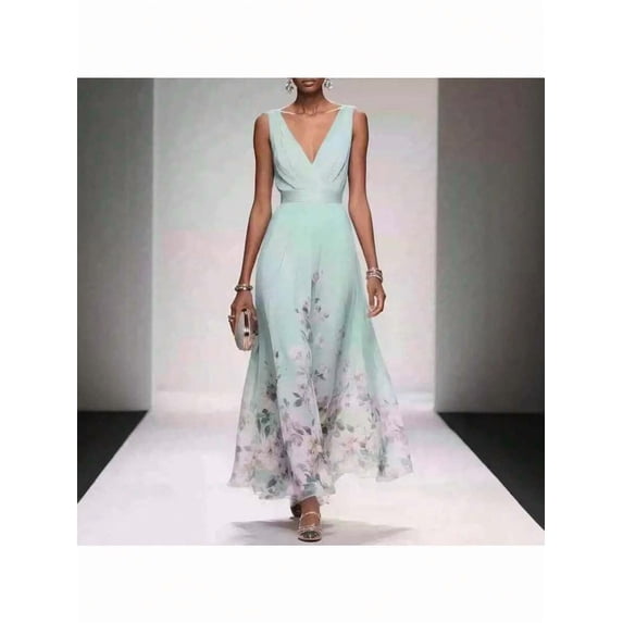 Cadet Blue Ombre Floral Deep V-Neck Sleeveless Chiffon Maxi Dress ...