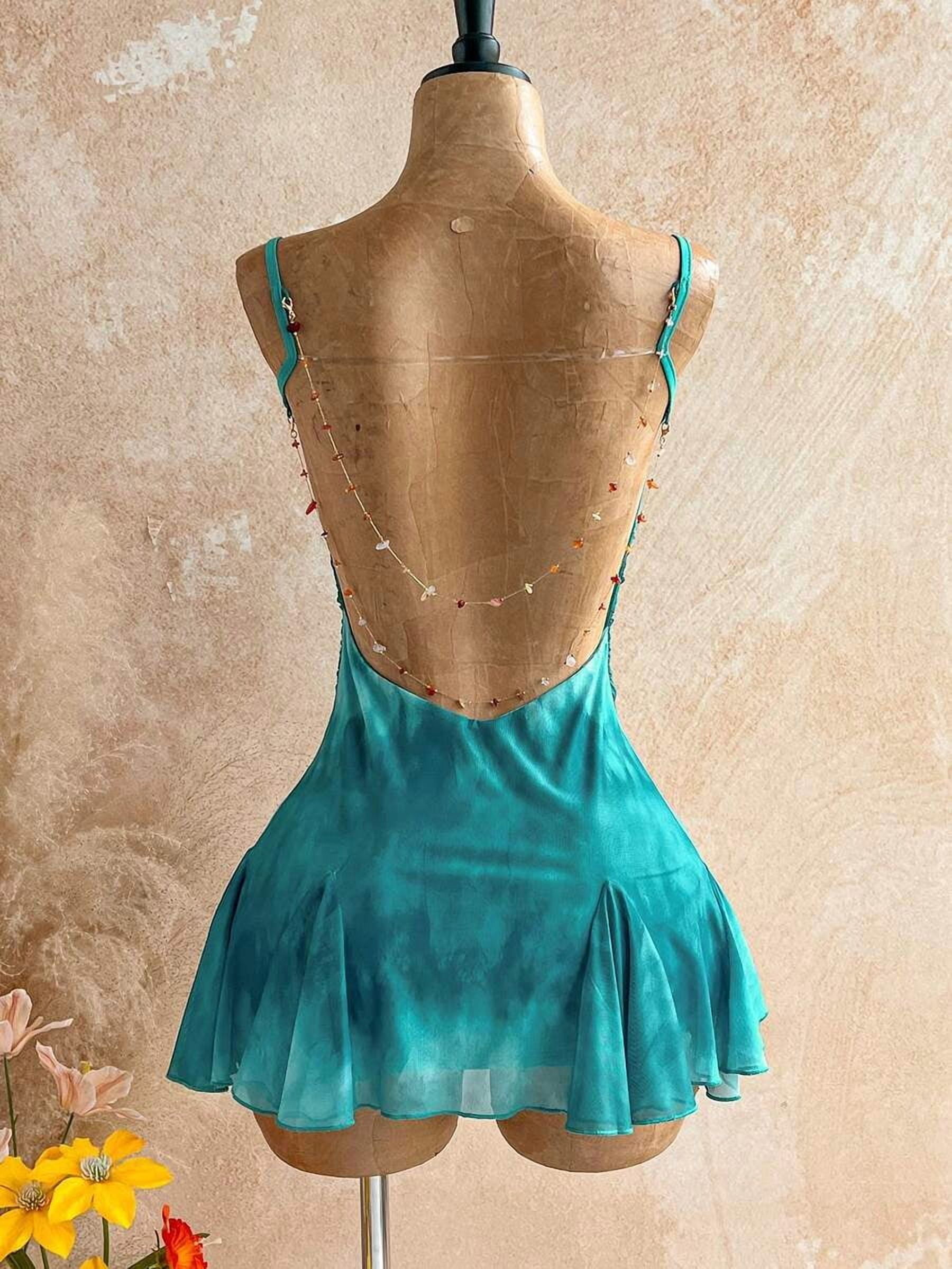 Cadet Blue Spaghetti Strap Backless Mini Dress With Beaded Chain Detail ...