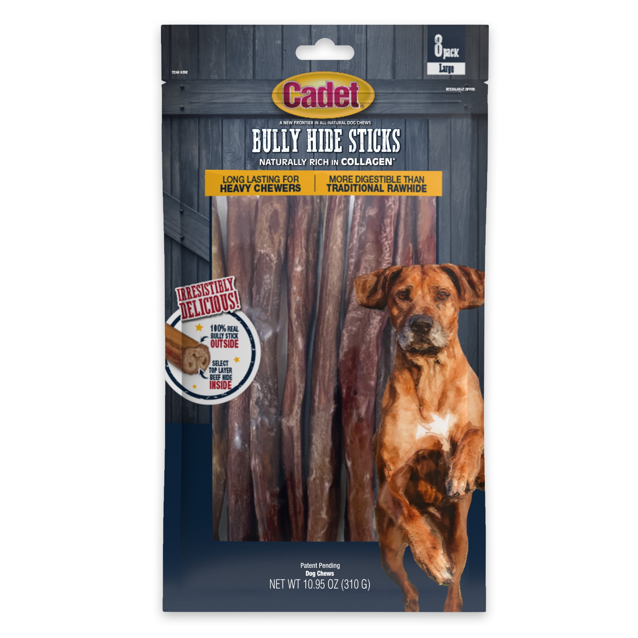 Cadet All-Natural Dog Chews Bully Hide Sticks Large 8 Count Dog Treats ...