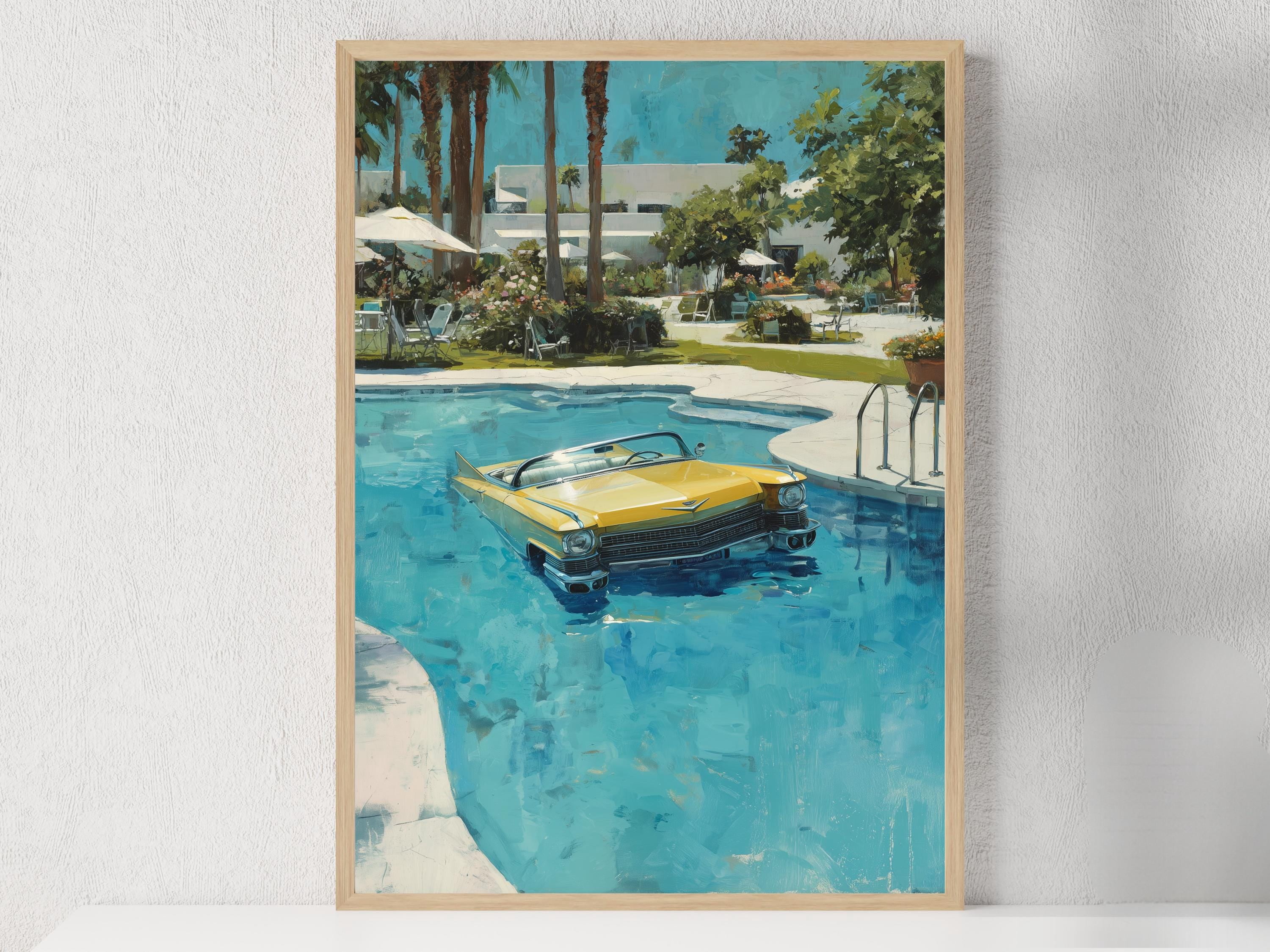 Cadillac in Swimming Pool Retro Car Poster Palm Springs Classic Car ...