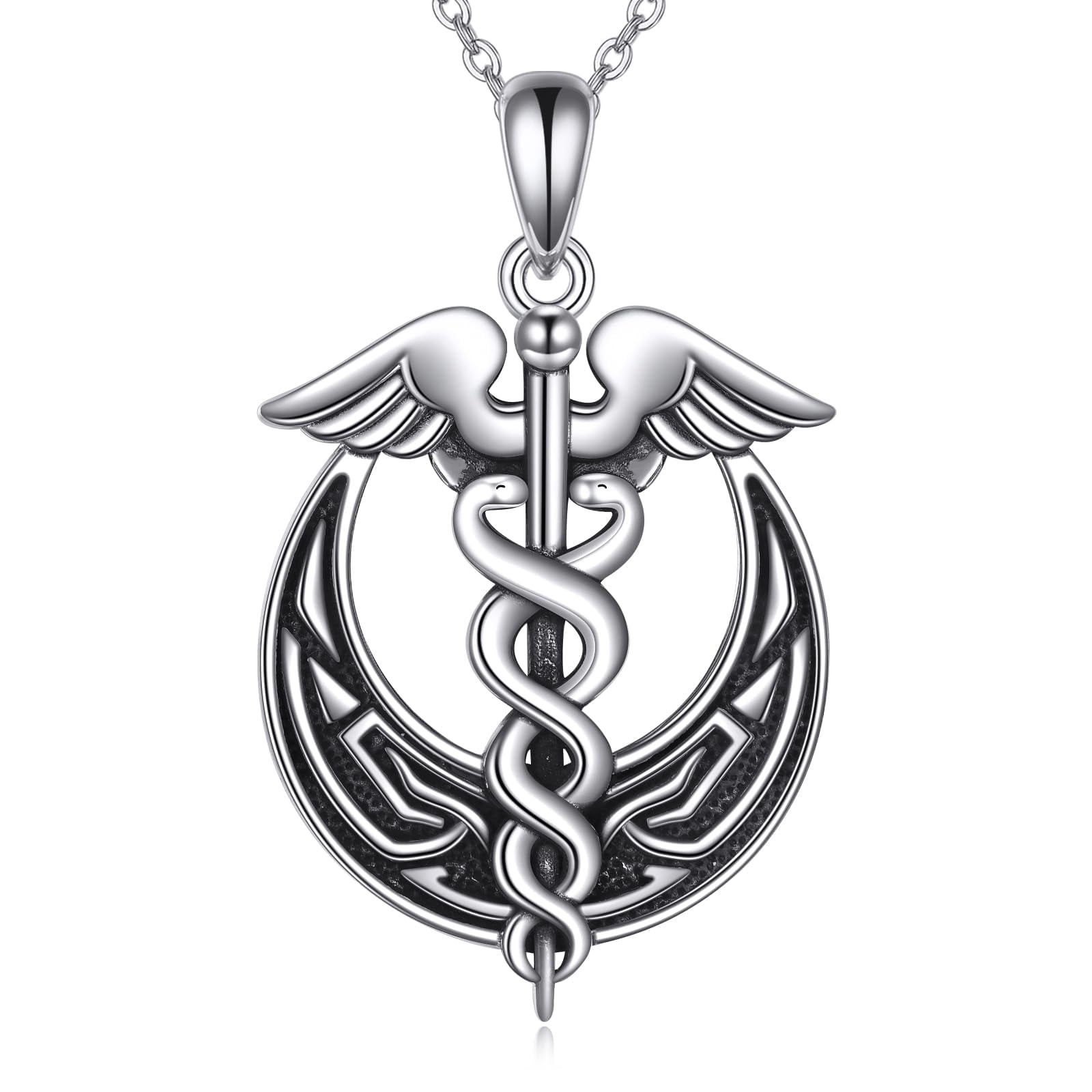 Caduceus Necklace 925 Sterling Silver Celtic Moon Nursing Medical ...