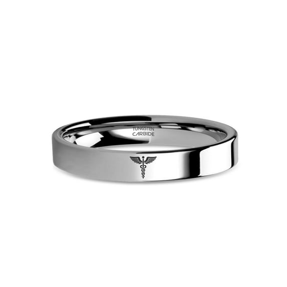 Caduceus Rod of Asclepius Laser Engraved Silver Tungsten Ring, 4mm ...