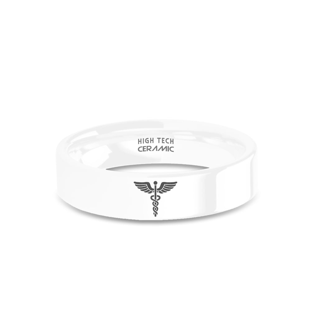 Caduceus Serpents Staff Emblem Engraved White Ceramic Wedding Band, 6mm ...