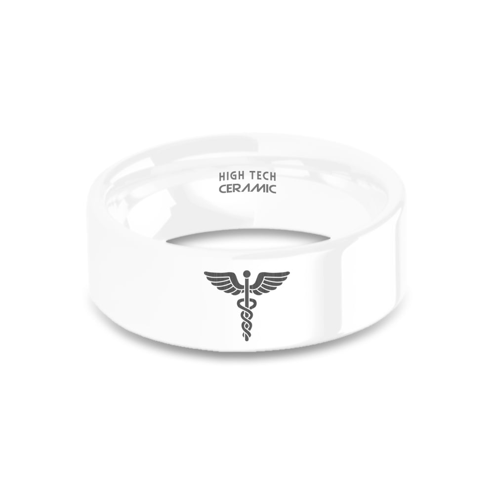 Caduceus Serpents Staff Emblem Engraved White Ceramic Wedding Band, 8mm ...