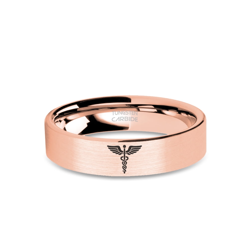 Caduceus Snakes Wings Symbol Rose Gold Brushed Tungsten Ring, 6mm, Size ...
