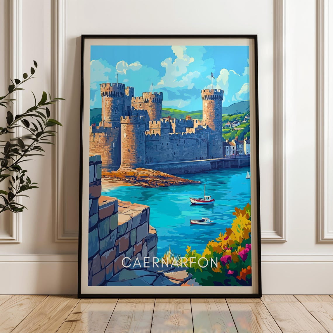 Caernarfon Travel Print - Wales Wall Art Poster, Snowdonia Illustration ...