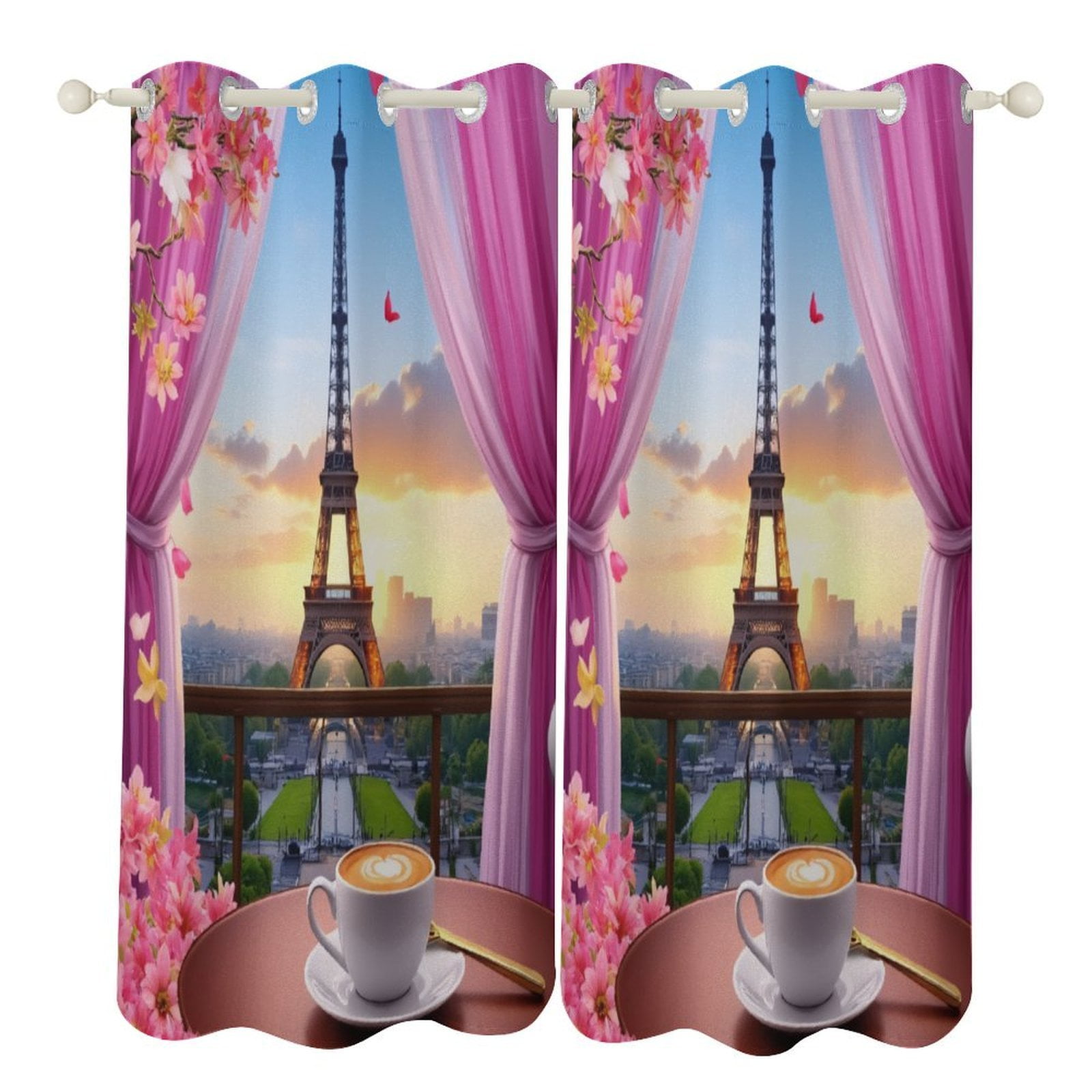 Café with Eiffel Tower View Blackout Curtains Window Drapes Room Darkening Thermal Insulated ...