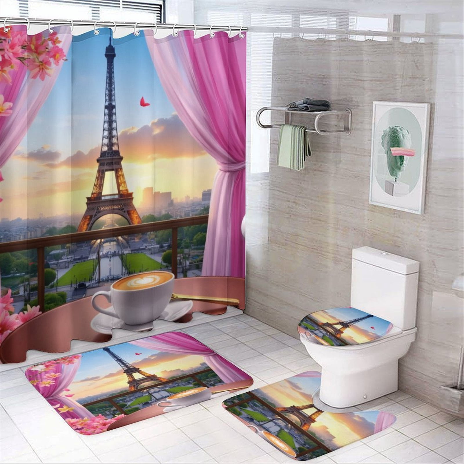 Café with Eiffel Tower View Shower Curtain Set Modern Bathroom Decor ...