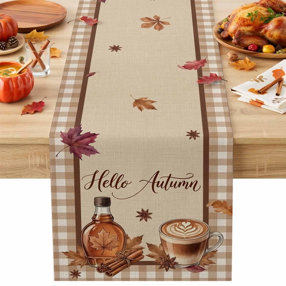Cafe Art Cotton Linen Table Runner Hallo Autumn Thanksgiving Maple Leaf ...