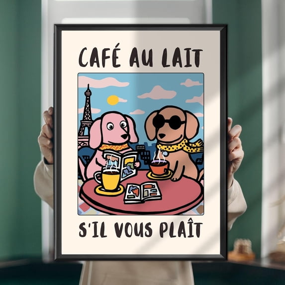 Cafe Au Lait Dog Poster, French Coffee Kitchen Art, Unframed Paper ...