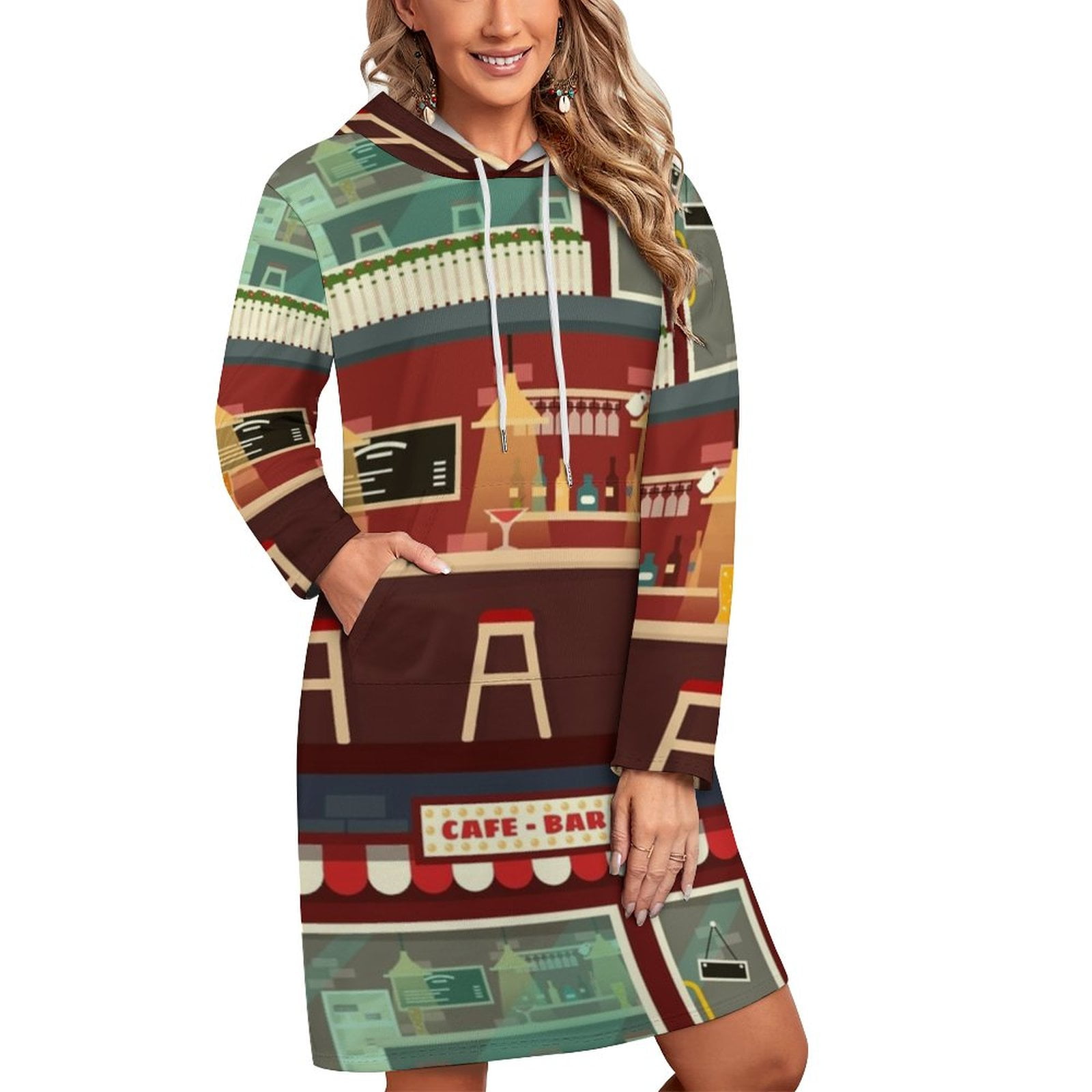 Cafe-Bar Facade And Interior In Flat Style Pullovers Hoodies Long ...