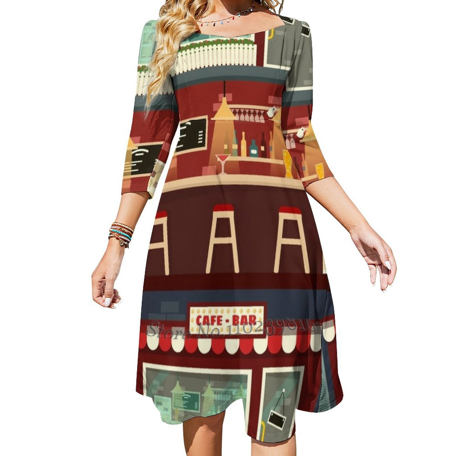 Cafe-Bar Facade And Interior In Flat Style Square Neck Dress Sweet ...