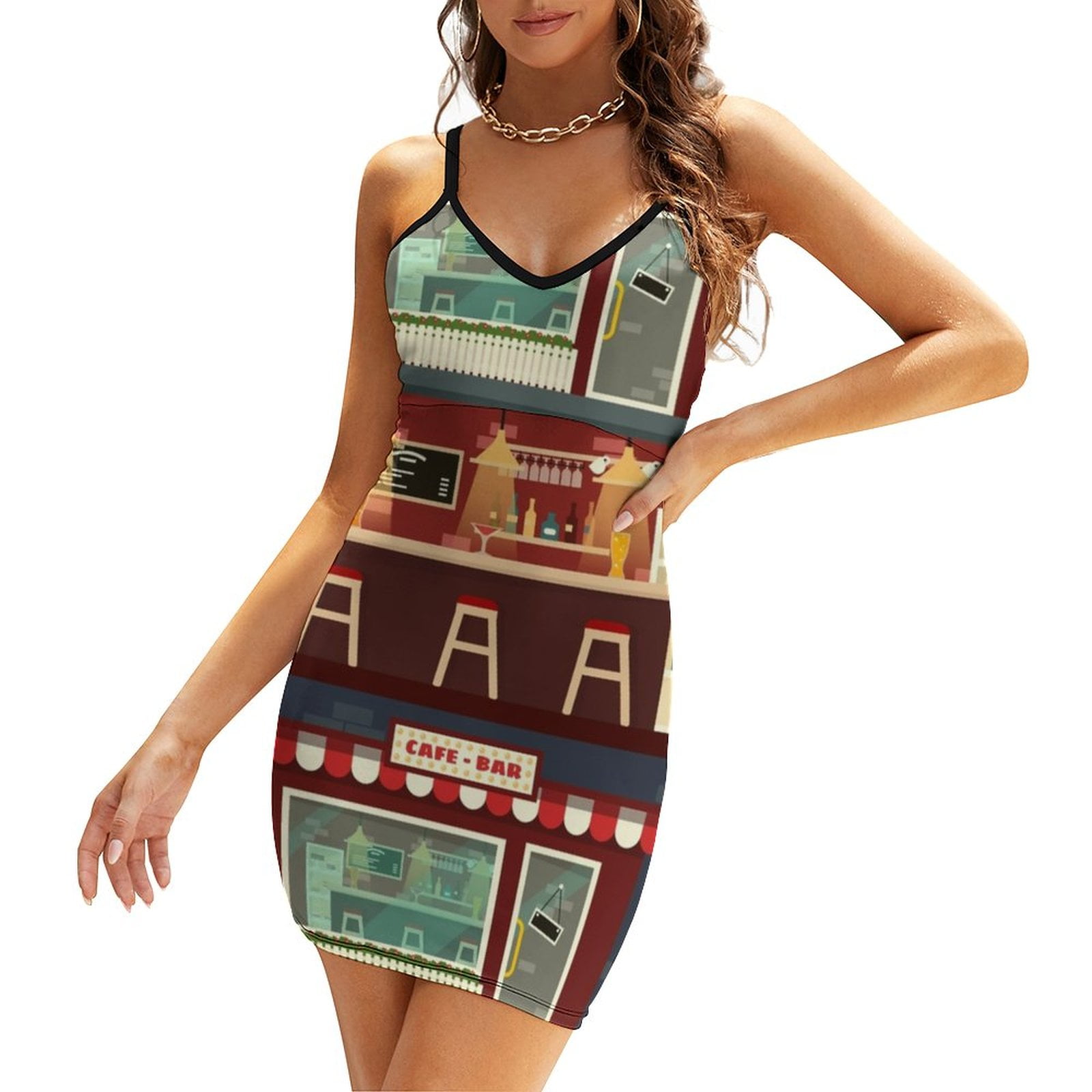 Cafe-Bar Facade And Interior In Flat Style Square Neck Dress Sweet Summer Dress Women Elegant ...
