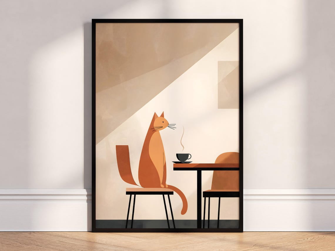 Cafe Cat Minimal Neutral Wall Art Poster Unframed Paper Print - Walmart.com