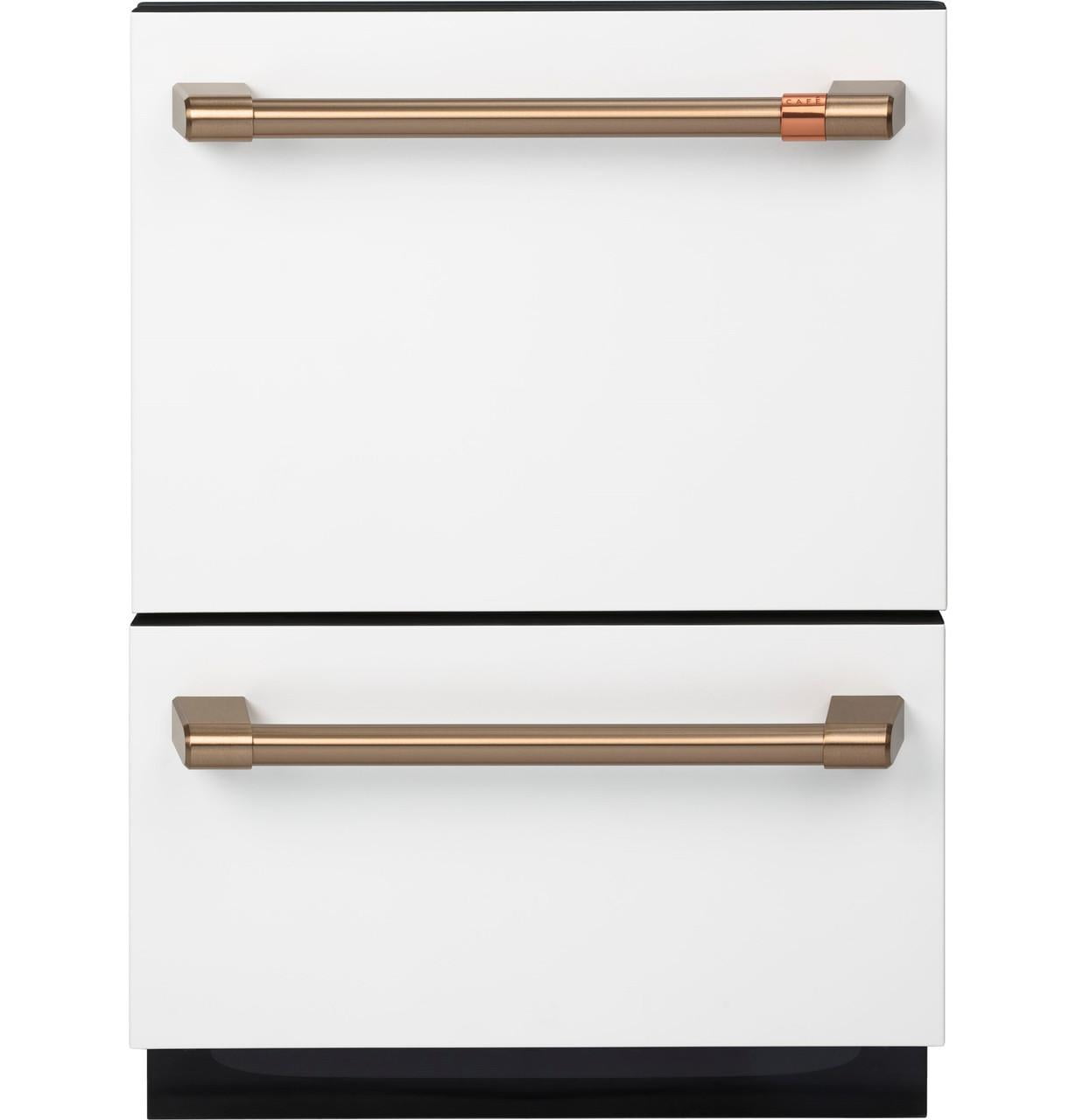 "Cafe 24"" Double Drawer Dishwasher in Matte White/Brushed Bronze with ...