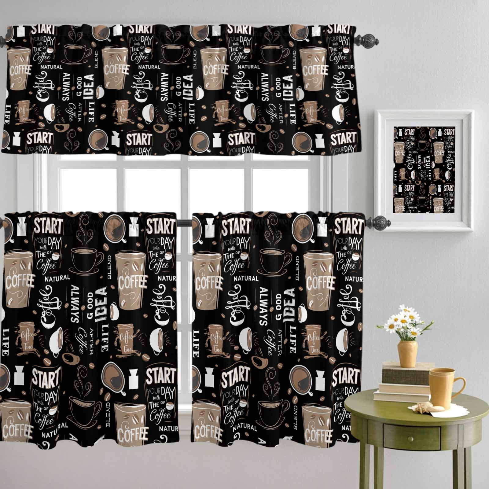 Cafe Coffee Cup Retro Brown Curtain Tier and Valance Set 3 Piece ...