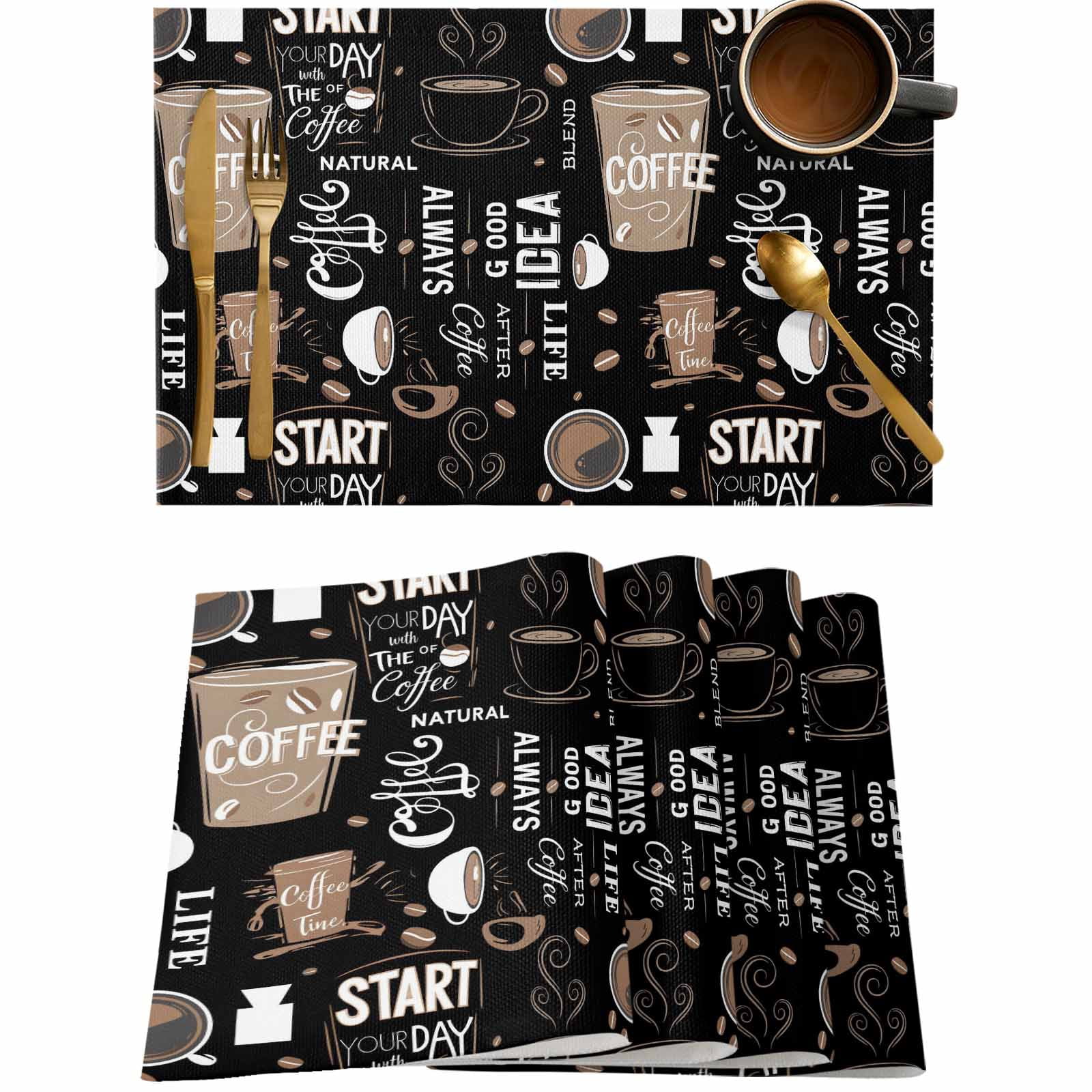 Cafe Coffee Cup Retro Brown Placemats Set of 4,Wipeable Washable Table ...