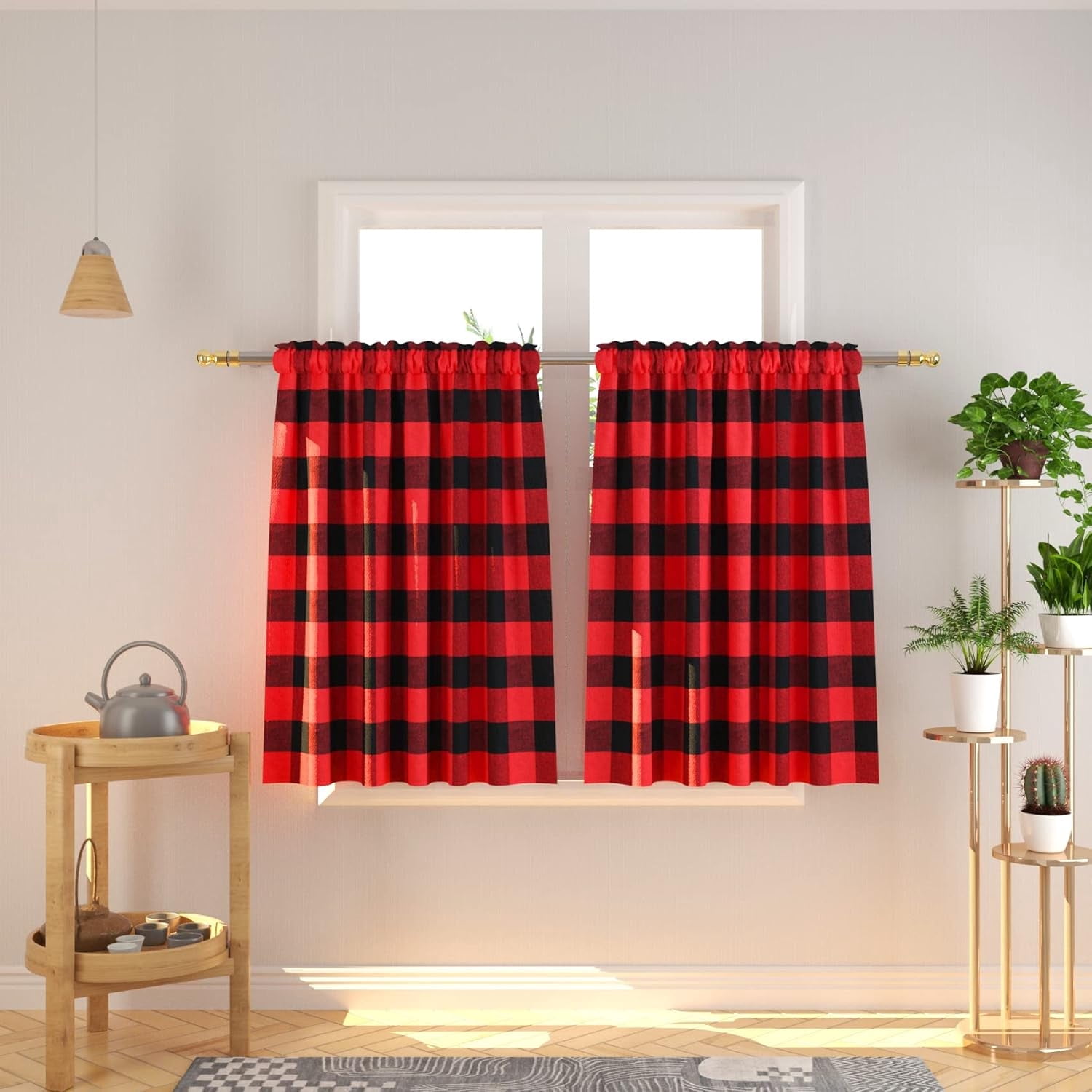 Cafe Curtains 36 inches Long Buffalo Plaid Kitchen Tiers 2 Panels Rod ...