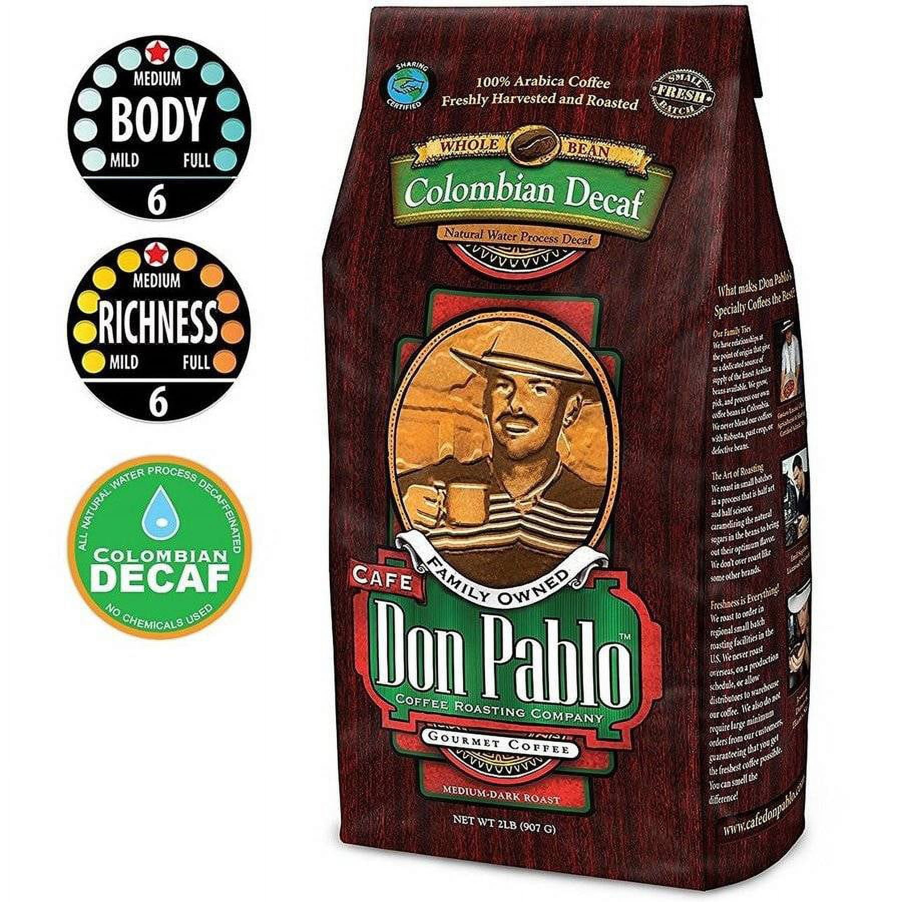 Cafe Don Pablo Colombian Decaf Medium-Dark Roast Whole Bean Coffee 2LB ...