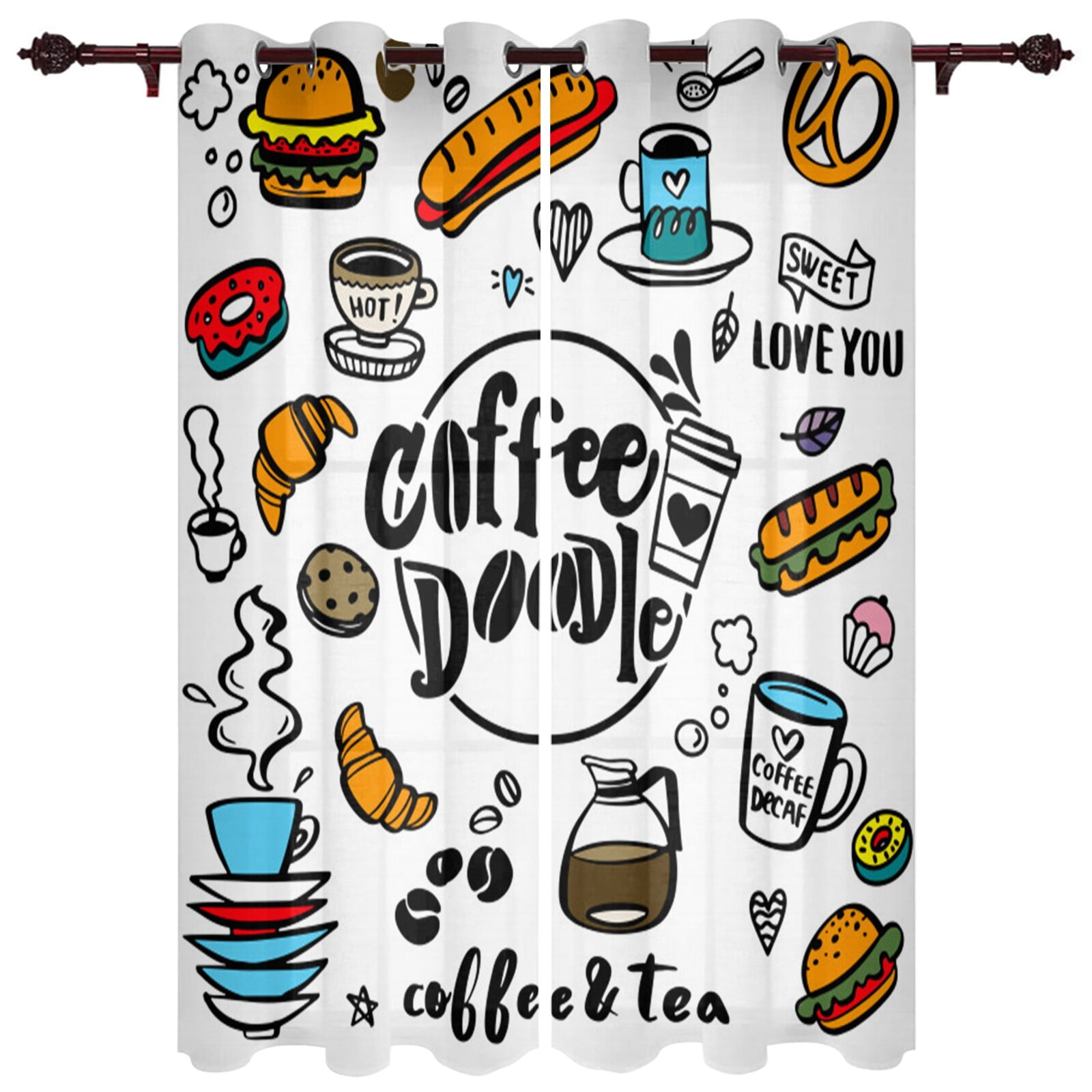 Cafe Doodle Teapot Cup Food Window Curtains Bedroom Kitchen Decor ...
