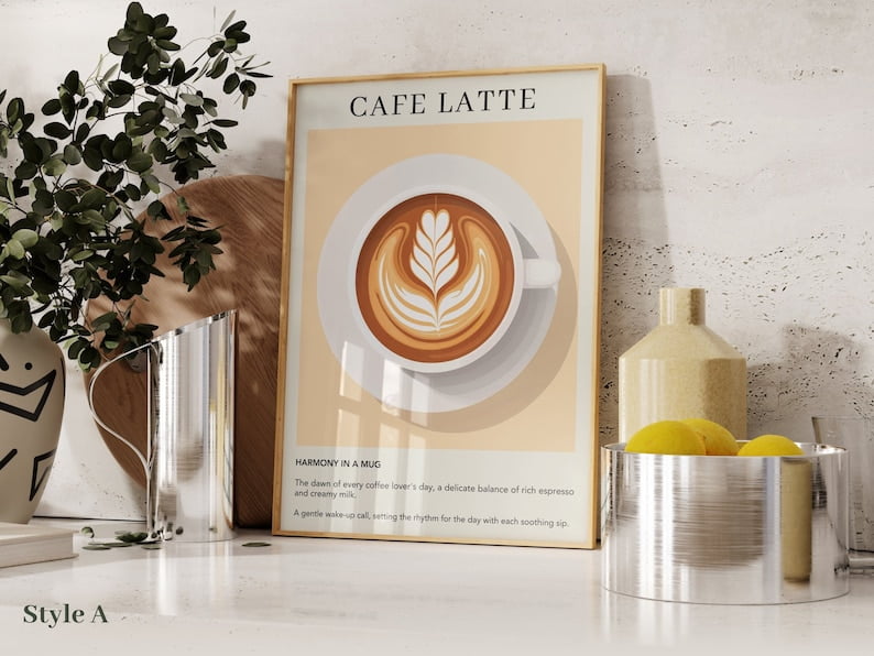 Cafe Latte Print | Coffee Espresso Kitchen Cart Art Poster | Italian ...