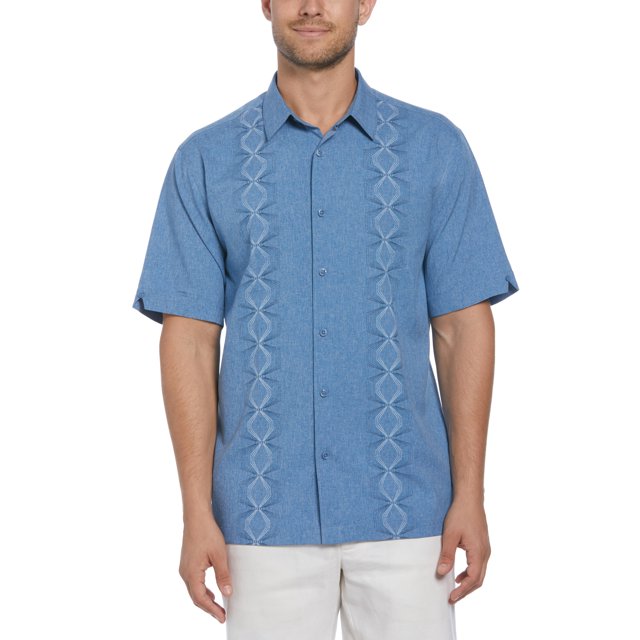 Cafe Luna Men's Geo Print Panel Chambray Short Sleeve Guayabera Shirt ...