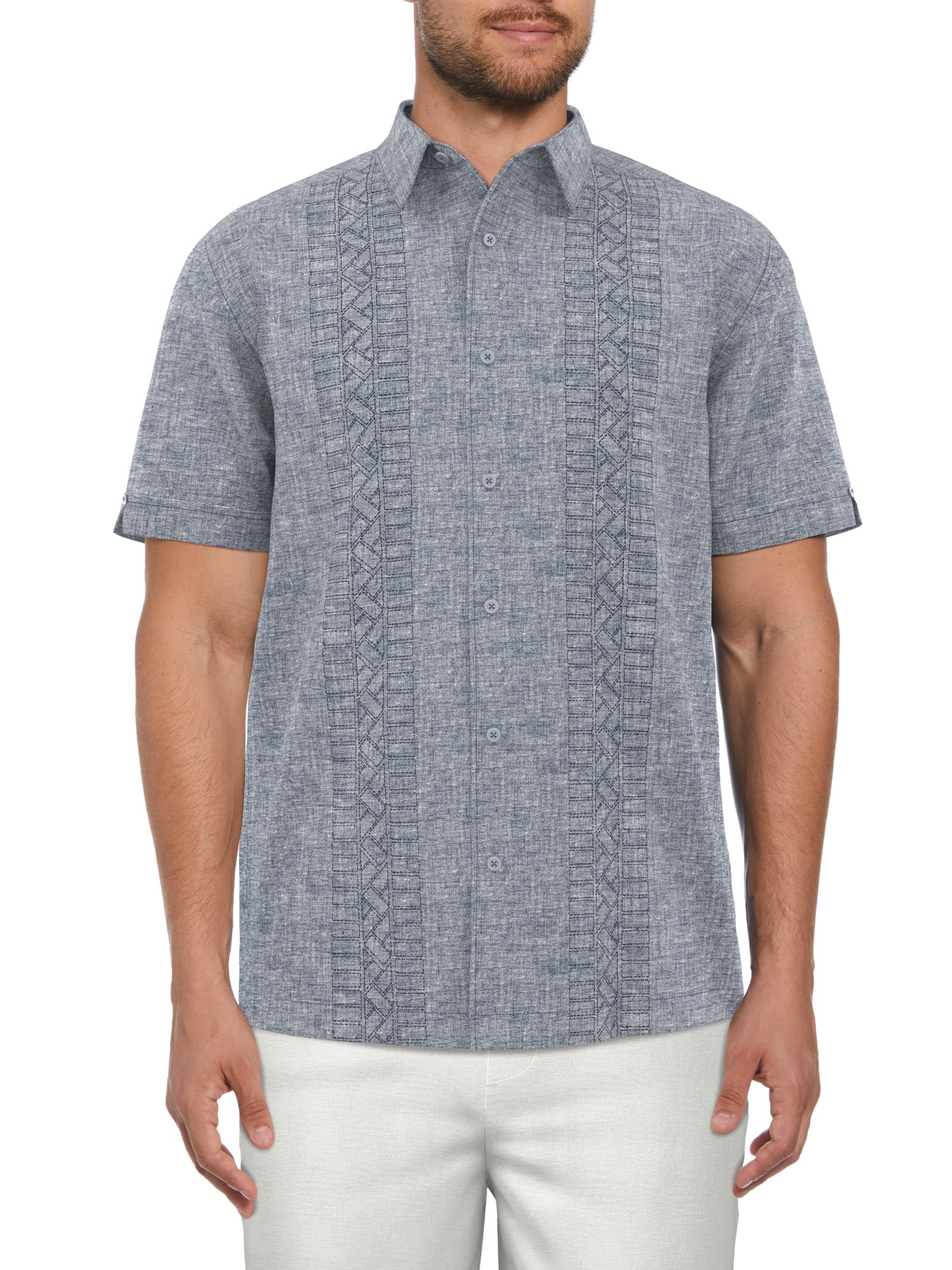 Cafe Luna Men’s Linen Blend Crossed Geo Print Panel Short Sleeve Shirt ...