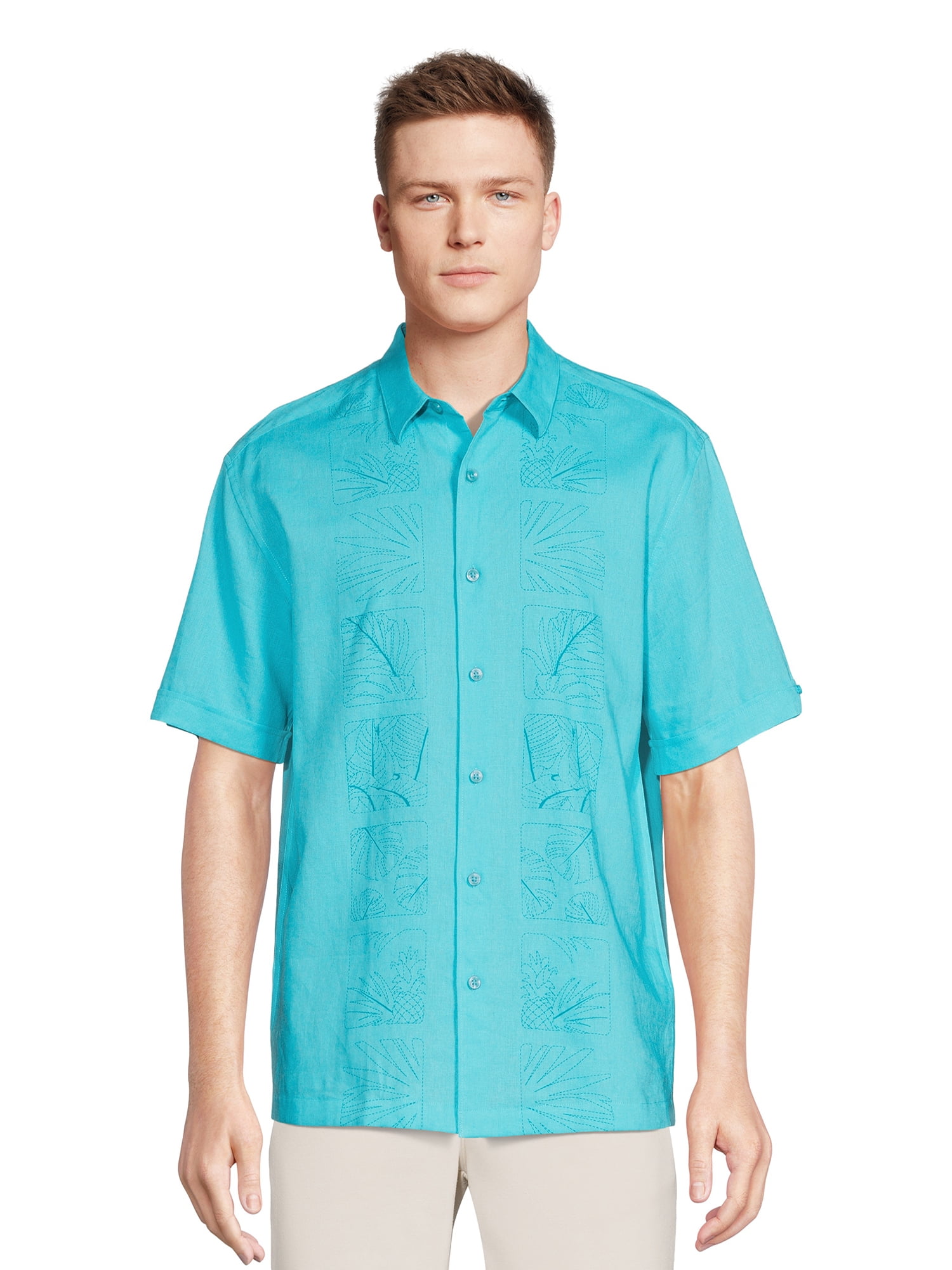 Cafe Luna Men’s Woven Linen Blend Printed Panels Short Sleeve Shirt ...