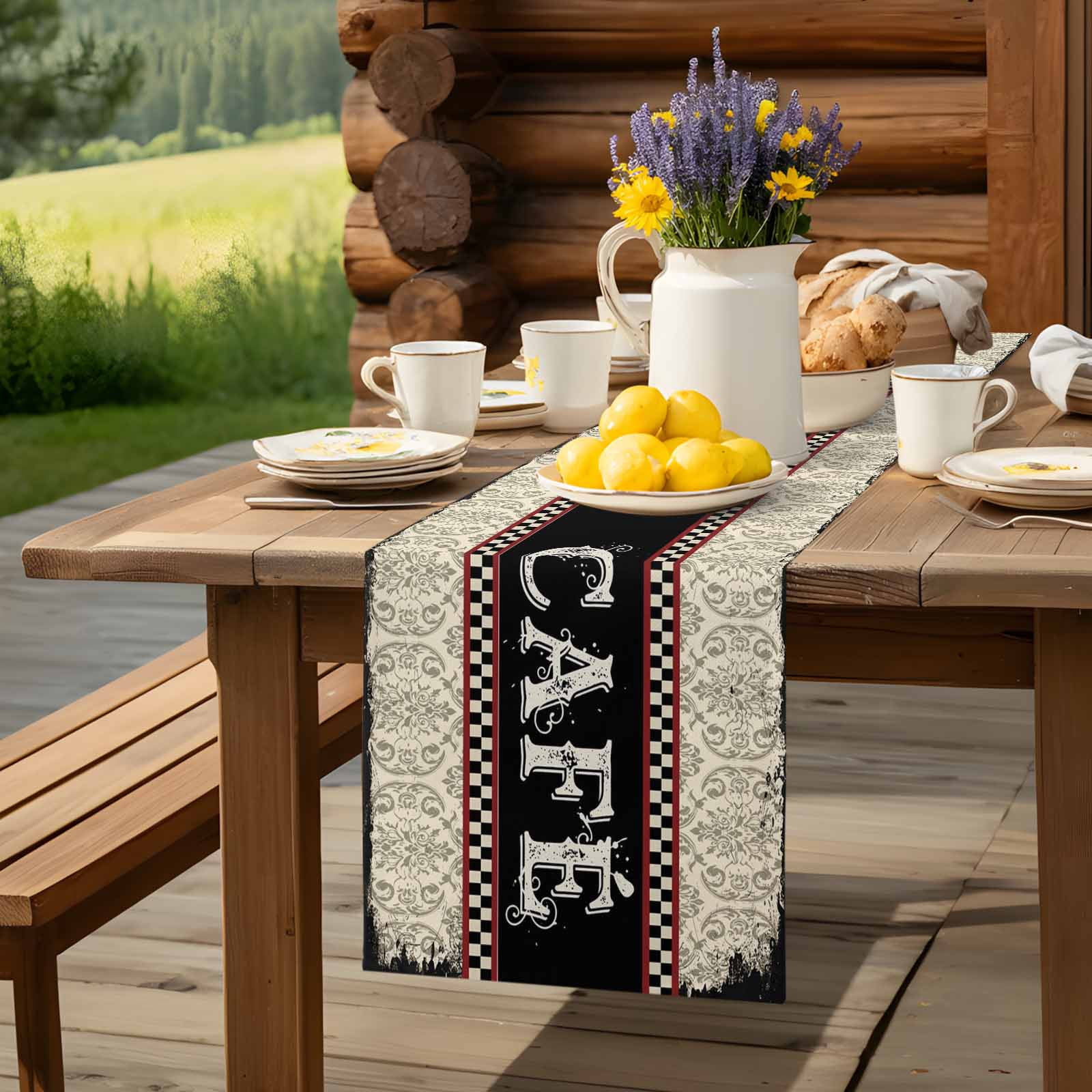 Cafe Words on Black Background Table Runner 13x90in Non-Slip Cotton ...